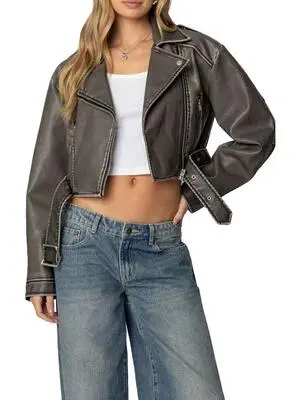 EDIKTED Washed Faux Leather Moto Jacket - Gray-washed
