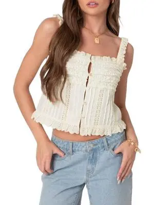 EDIKTED Hera Ruffle Cotton Button-up Top - Cream