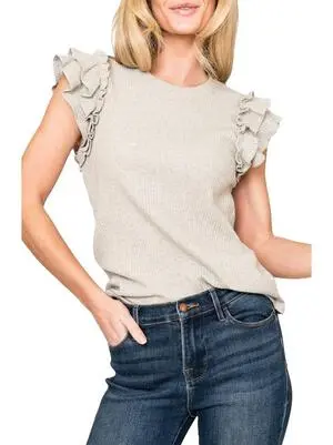 GIBSONLOOK Flutter Sleeve Rib Top - Heather Grey