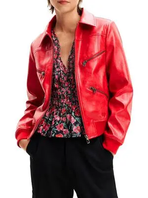 Desigual Faux Leather Biker Jacket - Red
