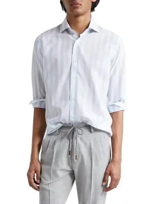 Eleventy Stripe Cotton & Linen Button-up Shirt - Baby Blue
