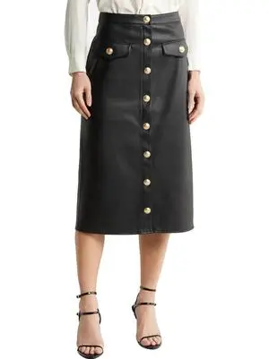 L'Agence Milann Faux Leather Midi Skirt - Black/light Gold