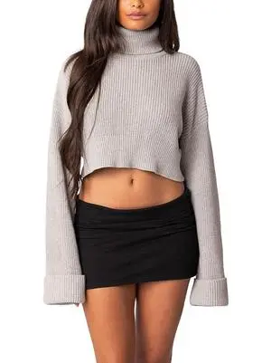 EDIKTED Oversized Turtleneck Cropped Sweater - Gray