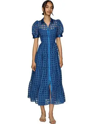 English Factory Organza Short-sleeve Button-front Midi Dress - Ocean Blue
