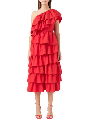Endless Rose Ruffle One-shoulder Midi Dress - Red