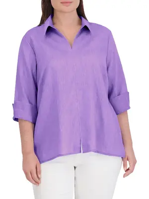 Foxcroft Foxcroft Agnes Three-Quarter Sleeve Linen-Blend Top Amethyst
