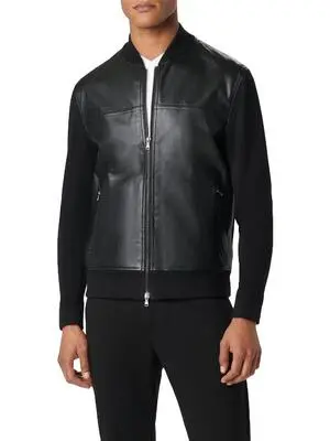 Bugatchi Leather Front Zip-up Cardigan - Black