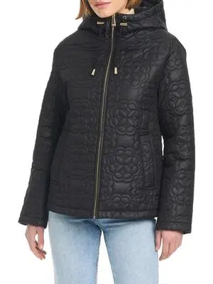 Kate Spade New York Quilted Hooded Zip-Up Jacket Black