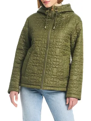 Kate Spade New York Quilted Hooded Zip-Up Jacket Spring Olive