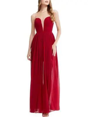 Dress The Population Eleanor Illusion Neck Gown - Garnet
