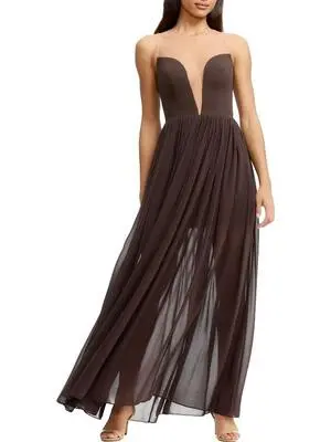 Dress The Population Eleanor Illusion Neck Gown - Mocha