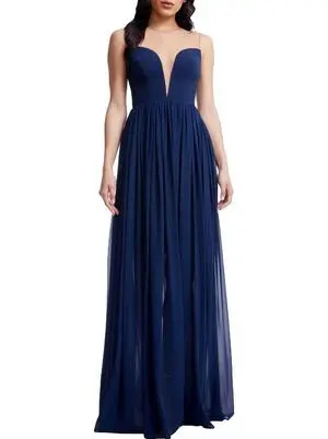 Dress The Population Eleanor Illusion Neck Gown - Navy