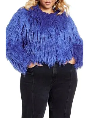 City Chic City Chic Blakely Faux Fur Cropped Jacket Dazzling Blue