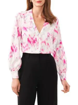Halogen Collarless Satin Button-up Shirt - Magenta Pink/ Multi