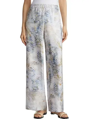 Lafayette 148 New York Riverside Fern Print Silk Twill Wide Leg Pants - Bluestone Multi