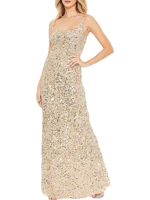Mac Duggal Sleeveless Sequined Slip Gown Gold
