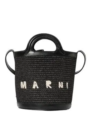 Marni Raffia Mini Bucket Bag With Logo - Black