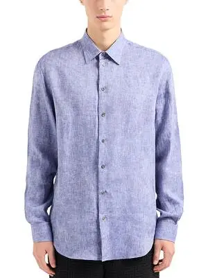 Emporio Armani Regular Fit Linen Chambray Sport Shirt - Blue
