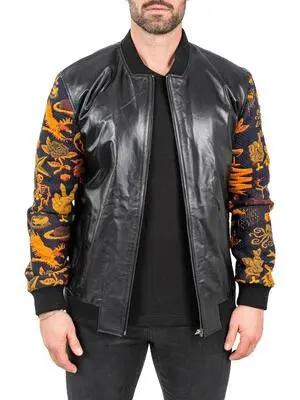 MACEOO Skull Sleeve Leather Bomber Jacket - Black