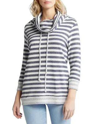 Loveappella Cowl Neck Striped Pullover - Navy White