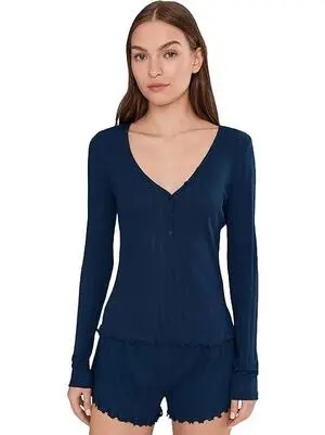 Eberjey Pointelle V-neck Henley Pajama Top - Navy