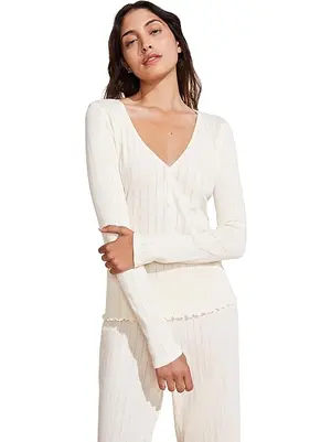 Eberjey Eberjey Pointelle V-Neck Henley Pajama Top White