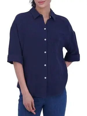 Foxcroft Joanna Cotton Gauze Button-up Shirt - Navy