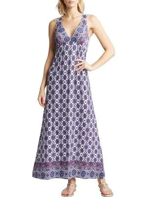 Loveappella Border Print Sleeveless Jersey Maxi Dress - Violet