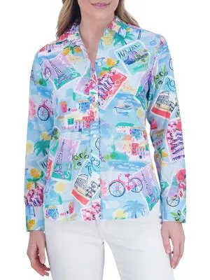 Foxcroft Meghan Travel Print Button-up Shirt - Blue Multi