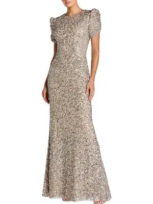 Mac Duggal Beaded Short-sleeve Gown Beige Silver