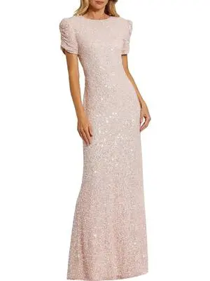 Mac Duggal Beaded Short-sleeve Gown - Blush