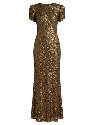 Mac Duggal Beaded Short-sleeve Gown - Chocolate