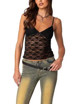 EDIKTED Eira Sheer Lace Tank Top - Black