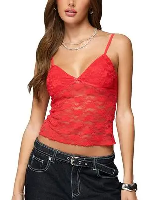 EDIKTED Eira Sheer Lace Tank Top - Red