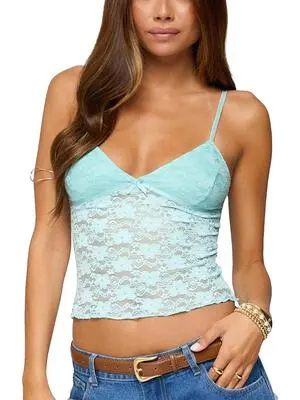 EDIKTED Eira Sheer Lace Tank Top - Turquoise