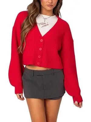 EDIKTED Chunky Knit Cropped Cardigan - Red