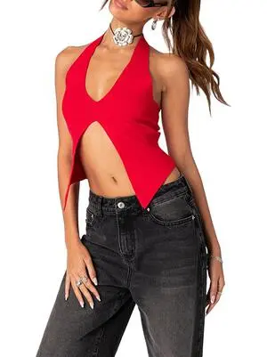 EDIKTED Sculpt Knitted Split Front Top - Red