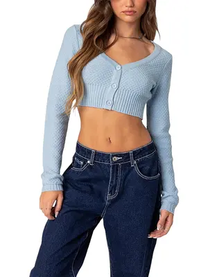 EDIKTED V-Neck Cropped Cardigan Light Blue