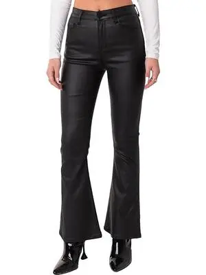 EDIKTED Petite Luna Faux Leather Flare Jeans - Black
