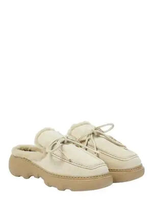 Burberry Burberry EKD Shearling-Lined Suede Mules Neutrals