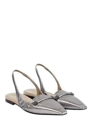 Brunello Cucinelli Metallic Leather Slingback Flats - Silver
