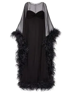 Valentino Garavani Caped Feather-trimmed Silk Gown - Black