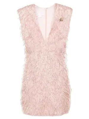 GENNY Brooch-detail Fringed Minidress - Pink