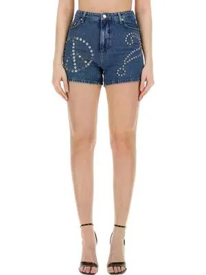 Moschino Logo-patch Stud-embellished Denim Shorts - Blue