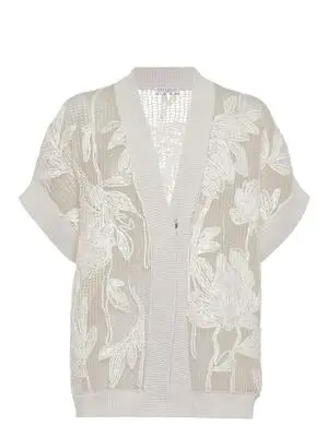 Brunello Cucinelli Floral-embroidered V-neck Cardigan - Neutrals