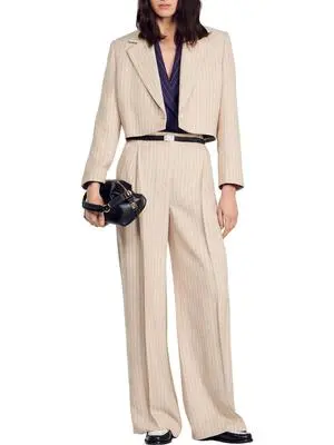 Sandro Striped Cropped Suit Jacket - Beige
