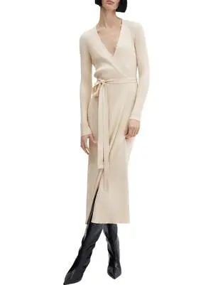 Mango Long Sleeve Wrap Sweater Dress - Beige