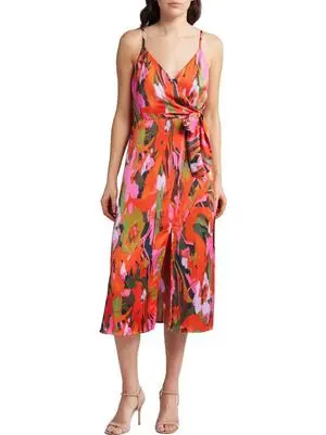 Chelsea28 Side Tie Satin Midi Dress - Red Multi Canvased Blooms
