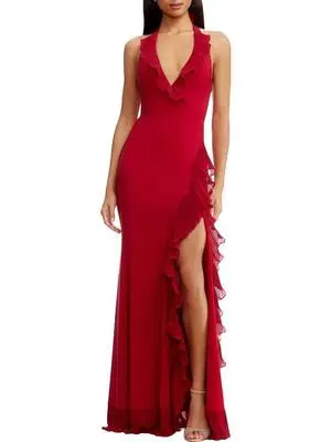 Dress The Population Kathleen Ruffle Halter Gown With Train - Garnet