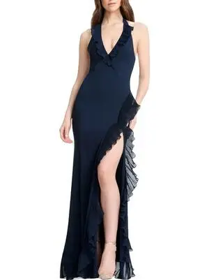 Dress The Population Kathleen Ruffle Halter Gown With Train - Midnight Blue B